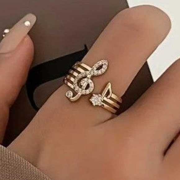 Ring | Jewelry | Gold Rinestone Musical Note Ring 0 Adjustable Sheet ...